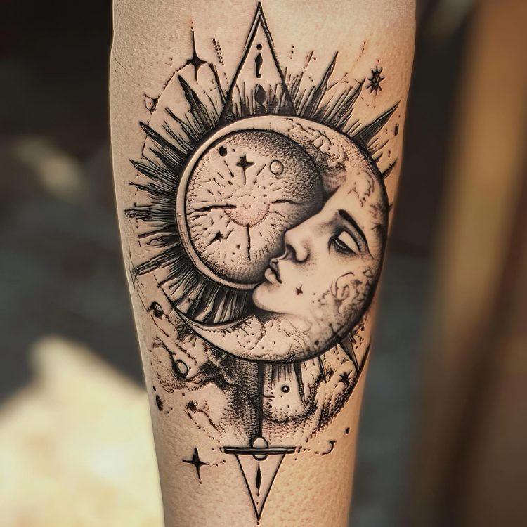 Tatouage soleil et lune - Astres - Cycle de la Vie - forces opposées